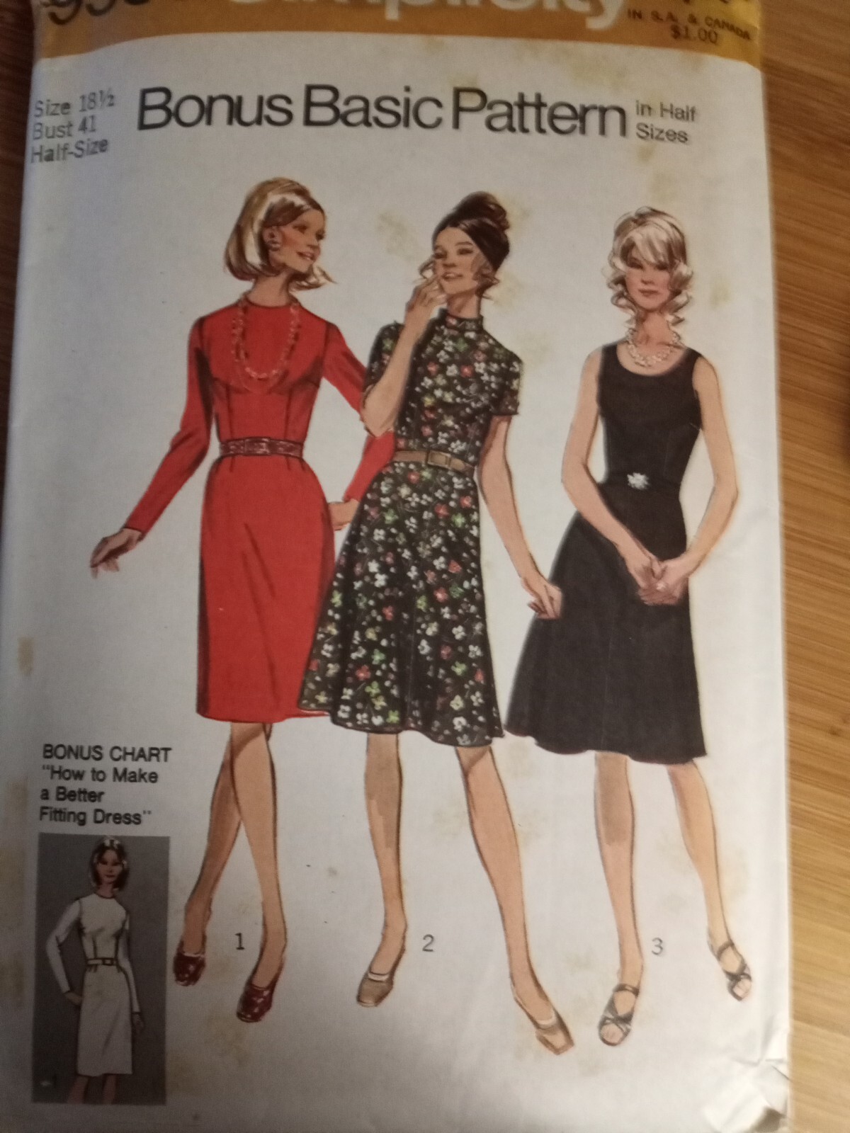 Vtg 1971 Simplicity Bonus Basic Dress Half Size Pattern #955018-1/2 ...