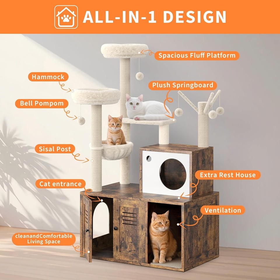 Space-Saving Multi-Function Cat Tree Integrated Hidden Litter Box ...