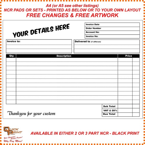 25 x A4 PRINTED 2 PART NCR PERSONALISED INVOICE / ORDER / ESTIMATE PADS ...