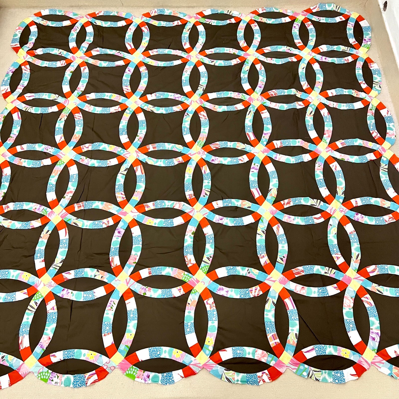 Handmade Double Wedding Ring Cotton Fabric Queen Size Patchwork quilt ...