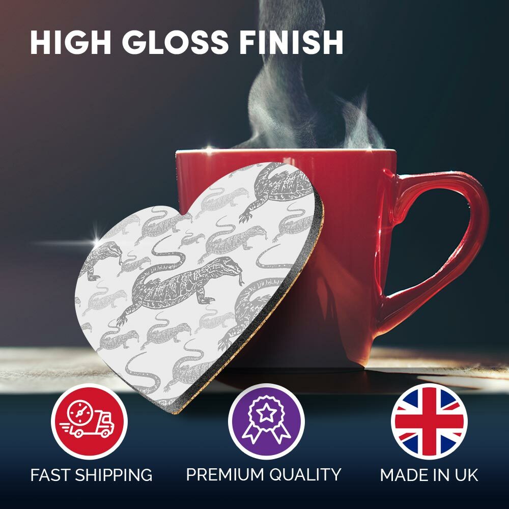 Heart MDF Coasters - BW - Komodo Dragon Lizard Drawings #43139 | eBay