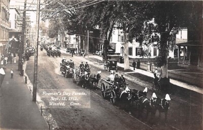 WINSTED, CT ~ 1912 FIREMEN'S DAY PARADE, 3 PIECES OF EQUIPMENT, REAL ...