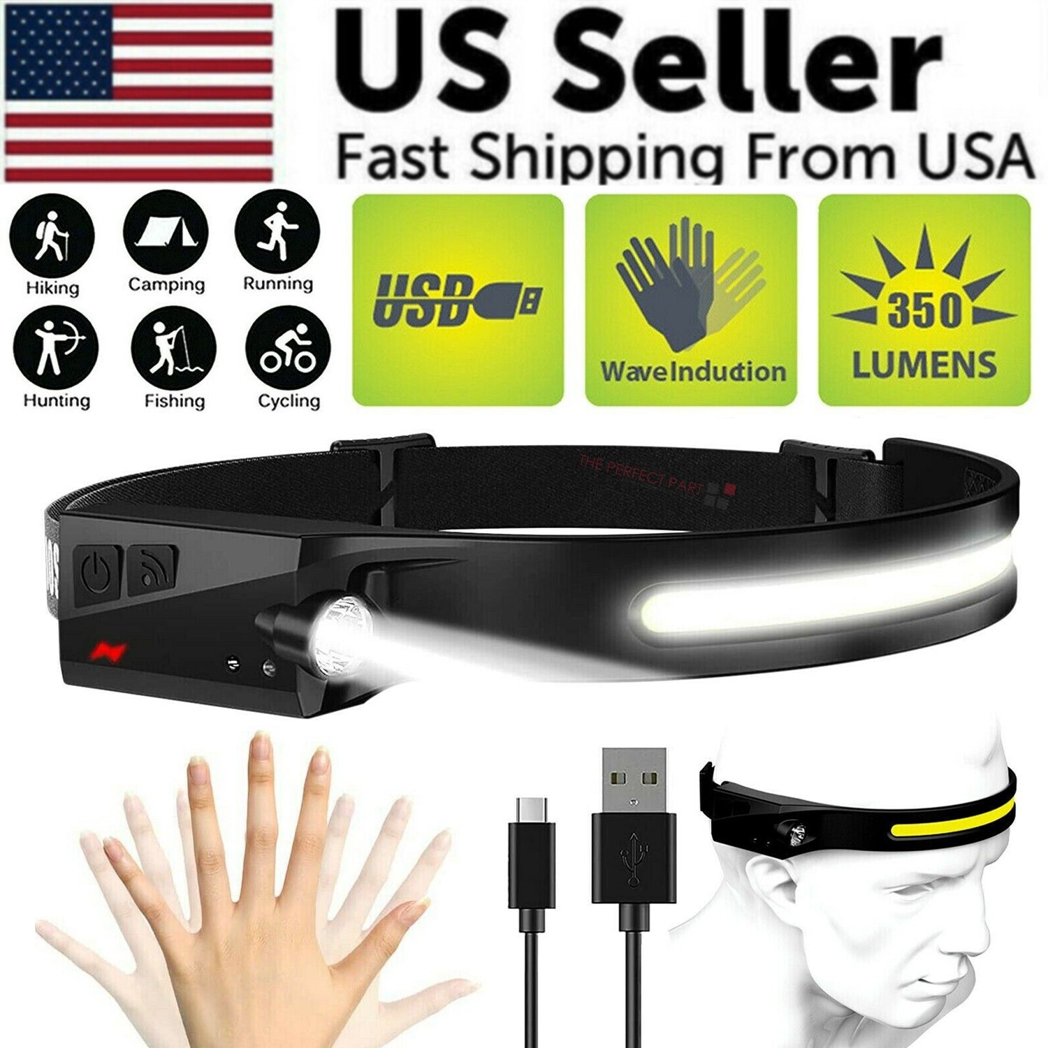 COB LED Headlamp USB Rechargeable Headlight Torch Work Light Bar Head ...