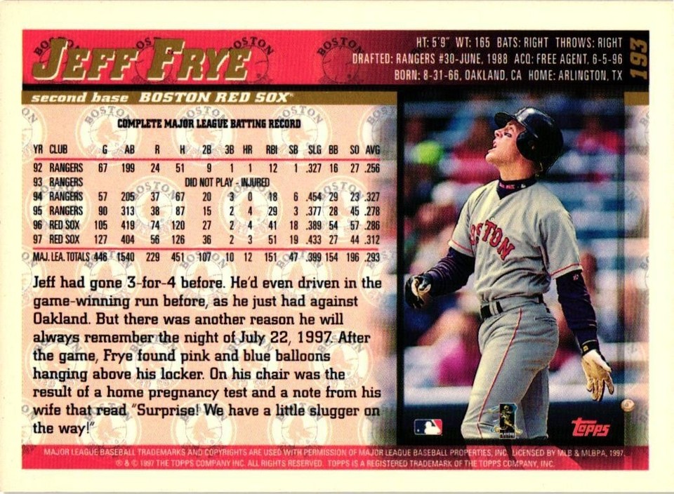 1998 TOPPS BASEBALL JEFF FRYE #193 CARD $0.99 VALUE BOX | eBay