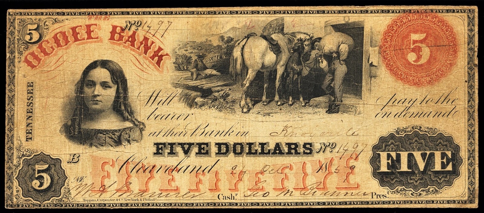 Cleaveland, TN - Ocoee Bank, Knoxville Branch $5 G24c 1859 Serial ...