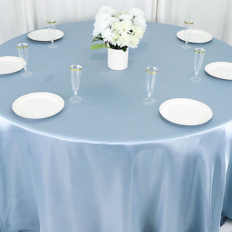 132" DUSTY BLUE Satin Round TABLECLOTH Wedding Party Table Linens Party ...