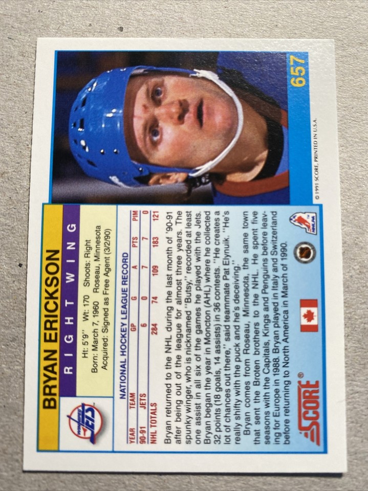 1991-92 Score #657 Bryan Erickson AUTOGRAPHED Card - Winnipeg Jets | eBay
