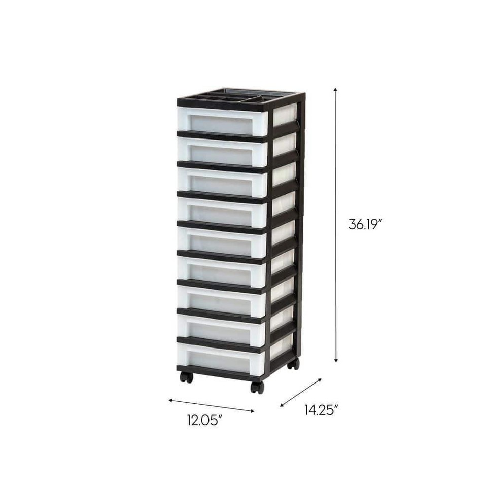 IRIS 9-Drawer Storage Cart Smooth-Glide Casters w/ Organizer Top Black ...