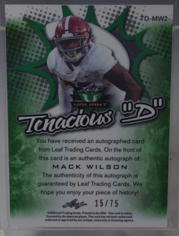MACK WILSON 2019 LEAF AUTOGRAPH 15/75 #TD-MW2 RC Alabama Crimson Tide ...