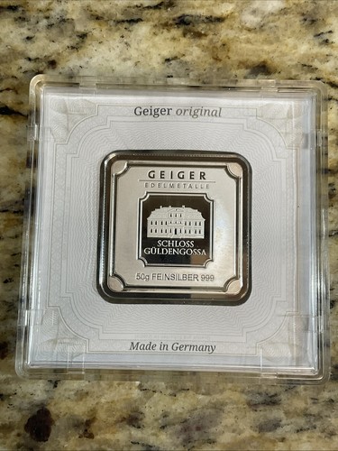 Geiger Original PREMIUM 50 Grams 999 Fine Silver Square Bar in Security ...