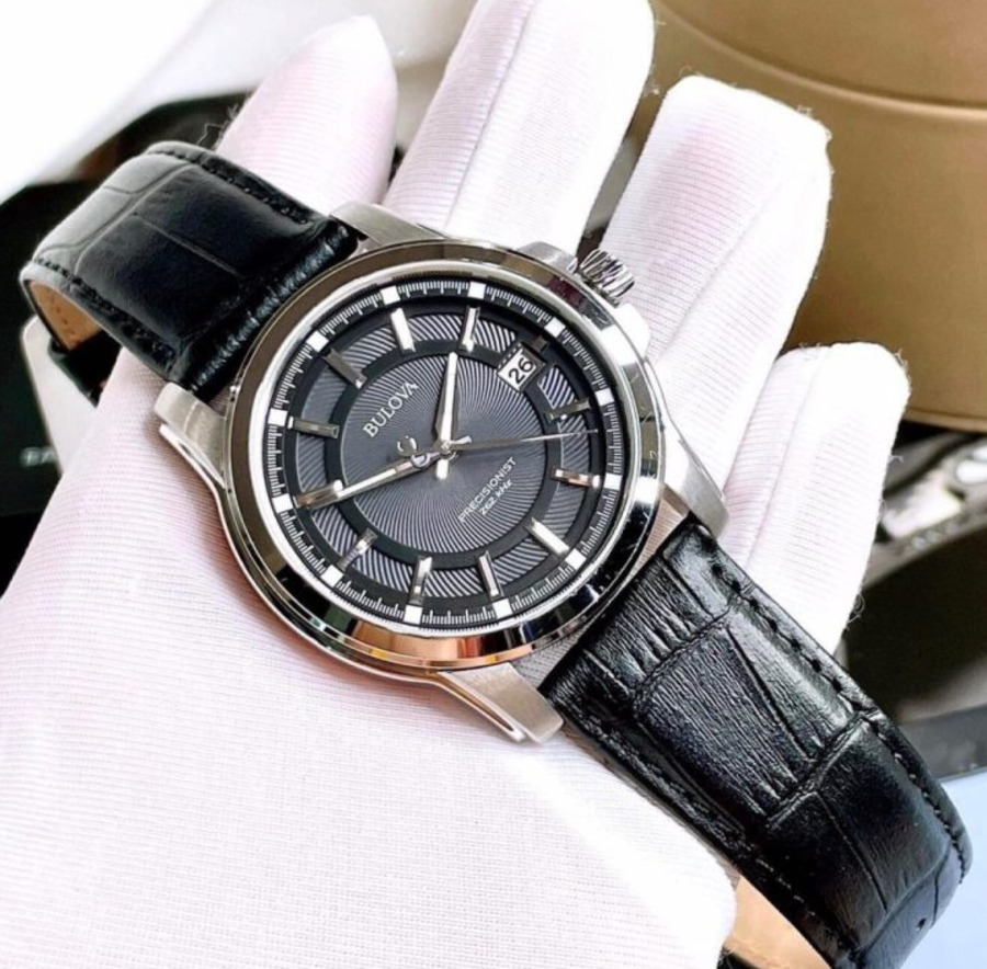 Bulova Gray Dial 96B158 Precisionist Silver Tone Black Leather Band Men ...