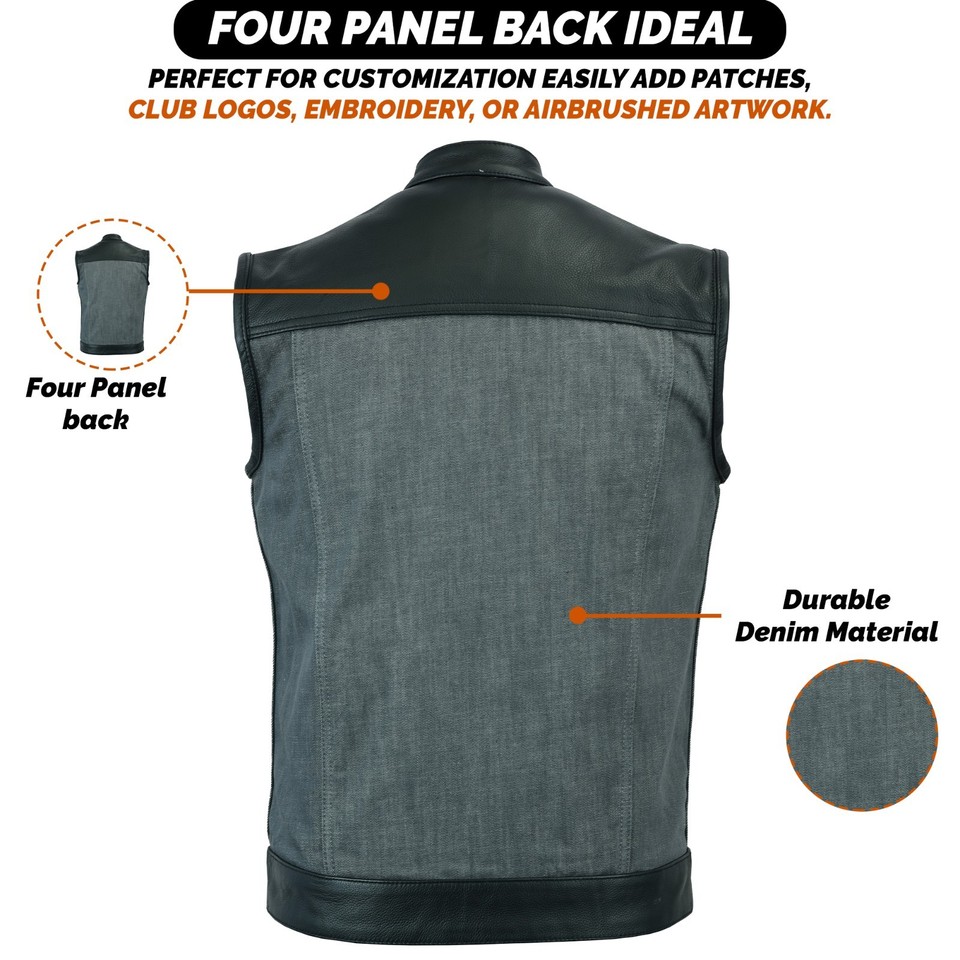 Gray Denim Black Leather Vest Motorcycle Club Cut Off Sleeveless ...