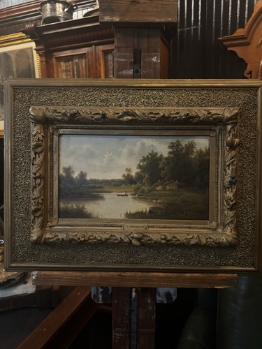 19th Century Oil On Board Painting LANDSCAPE W/CANOE Austrian C. REIDER ...