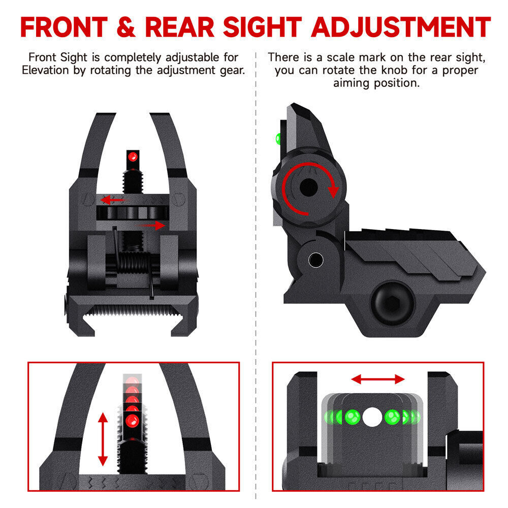 Tactical Folding Fiber Optic Iron Sight Flip Up Sights Set Front Rear ...