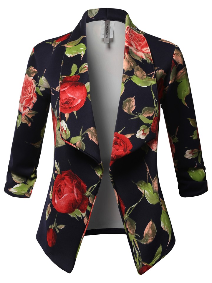 FashionOutfit Women's Solid/Print Stretch 3/4 Gathered Sleeve Open ...