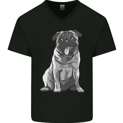 Un T-Shirt En Coton V-Cou Pour Homme Avec Un Pug Heureux Drôle | eBay