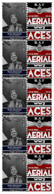BOB BRAHAM RAF FIGHTER PILOT ACE WW 2 STRIP OF 10 MINT VIGNETTE STAMPS ...