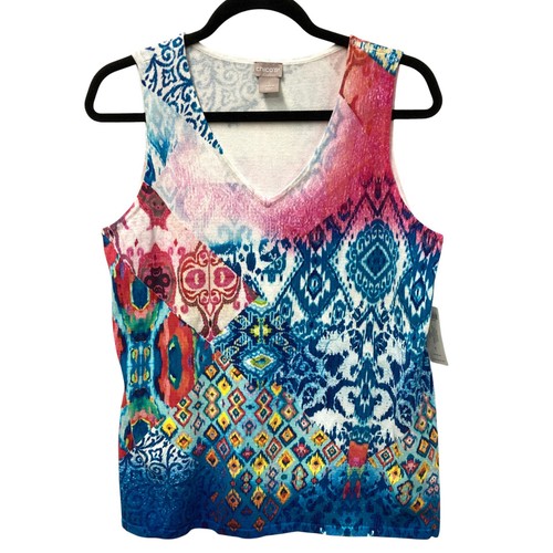 Chico's Lightweight Knit Tank Top, Size 1 (Medium), Multicolor Ikat ...
