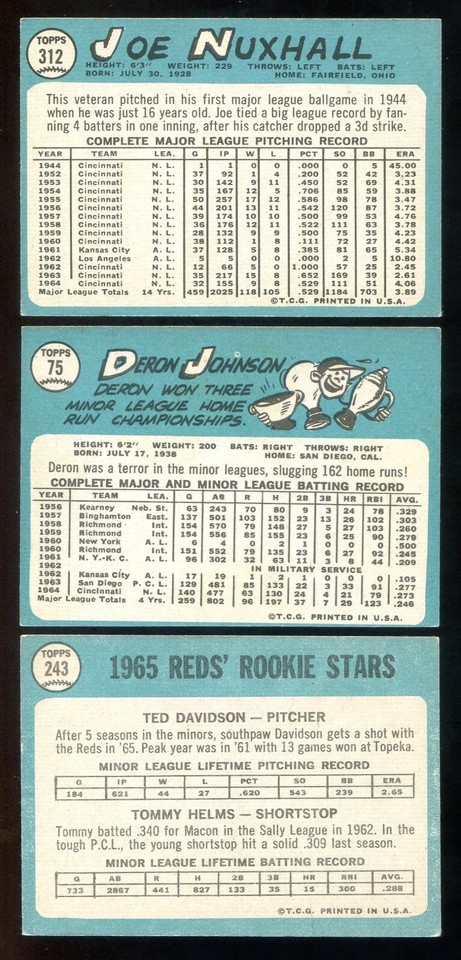 (3) 1965 Topps Cincinnati Reds:#312 Joe Nuxhall, #243 Rookie Stars ...