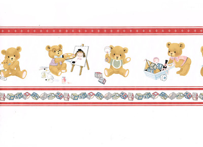 ABC 123 Toy Blocks Brown Teddy Bears Kids Nursery Red Wallpaper Border ...