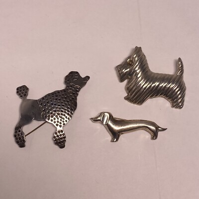 Sterling Silver Dog Pins, Lot of 3, Poddle, Dachshund, Scottie Dog, 39. ...