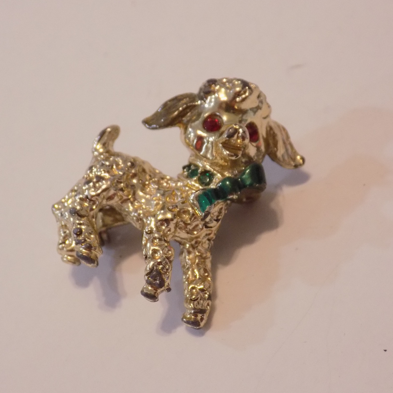 Vintage Silver Tone LAMB brooch pin with Red eyes & green ribbon (72 ...