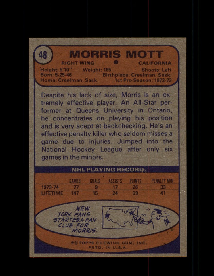 1974 MORRIS MOTT TOPPS #48 GOLDEN SEALS *R5085 | eBay