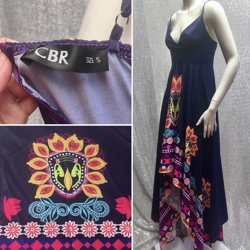 Fairy core handkerchief hanky high low hem tribal print sun dress blue ...