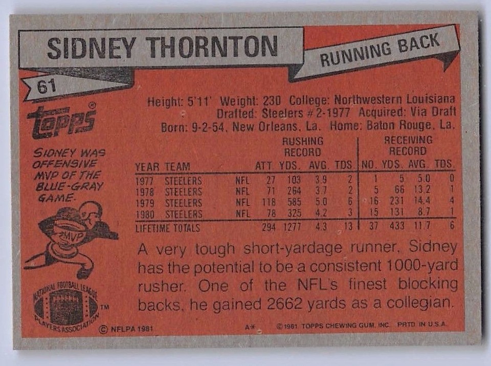 1981 SIDNEY THORNTON - Topps Football Card- # 61 - PITTSBURGH STEELERS ...