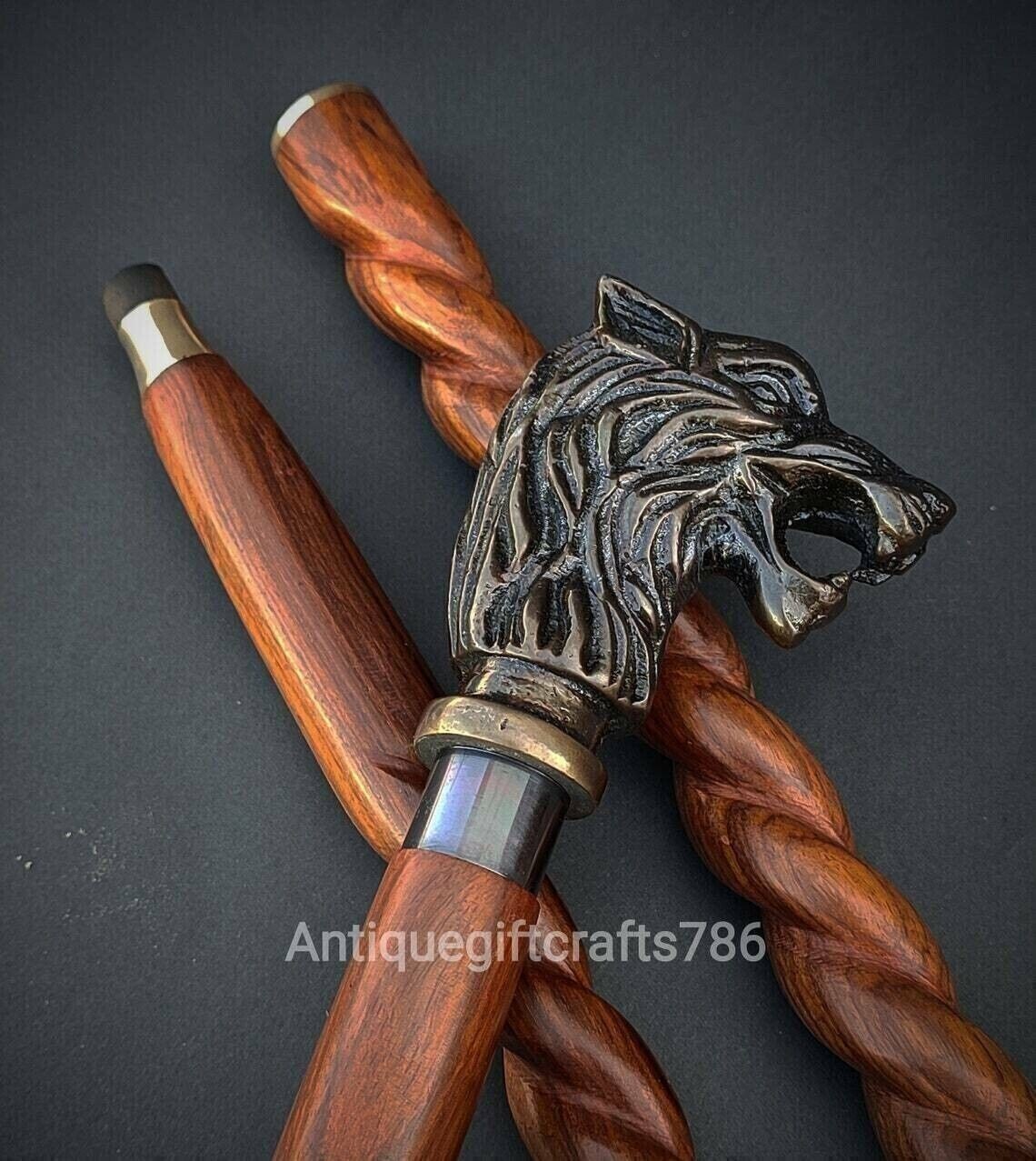 Antique Wolf Head Handles Wooden Cane Walking Stick V… - Gem