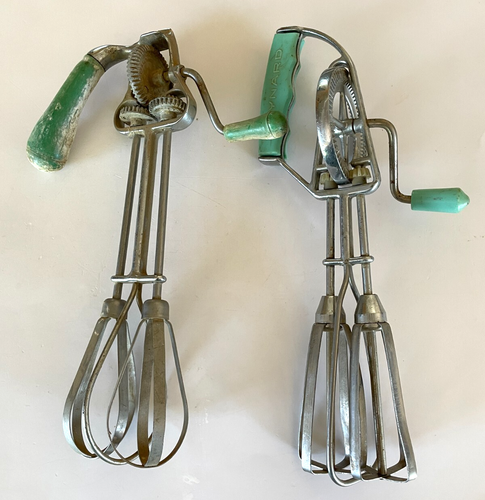 Two 1950's Egg Beater Mixer Aqua Green Handles Vintage Beaters Working ...
