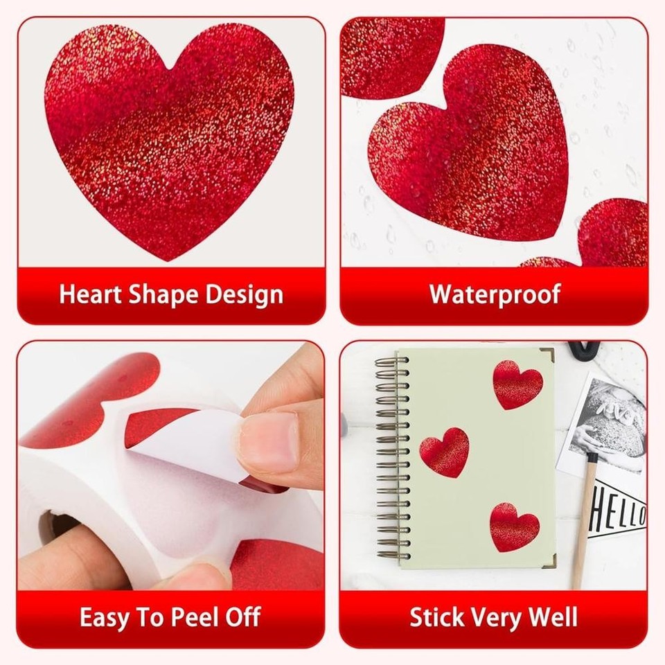Heart Stickers, 500 Pcs 1.5Inch Glitter Red Heart Stickers, Heart ...