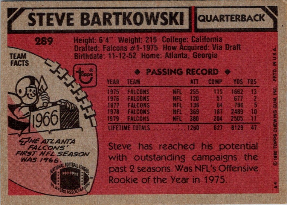 1980 Topps Steve Bartkowski #289 Atlanta Falcons Football Card | eBay