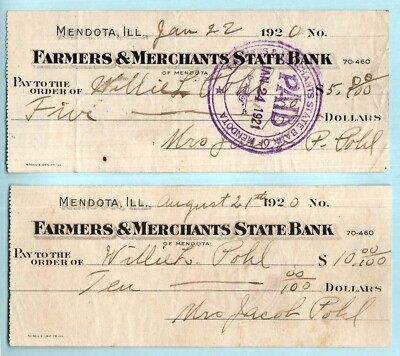 2 - 1920 MENDOTA ILLINOIS FARMERS & MERCHANTS STATE BANK CHECKS - 105 ...