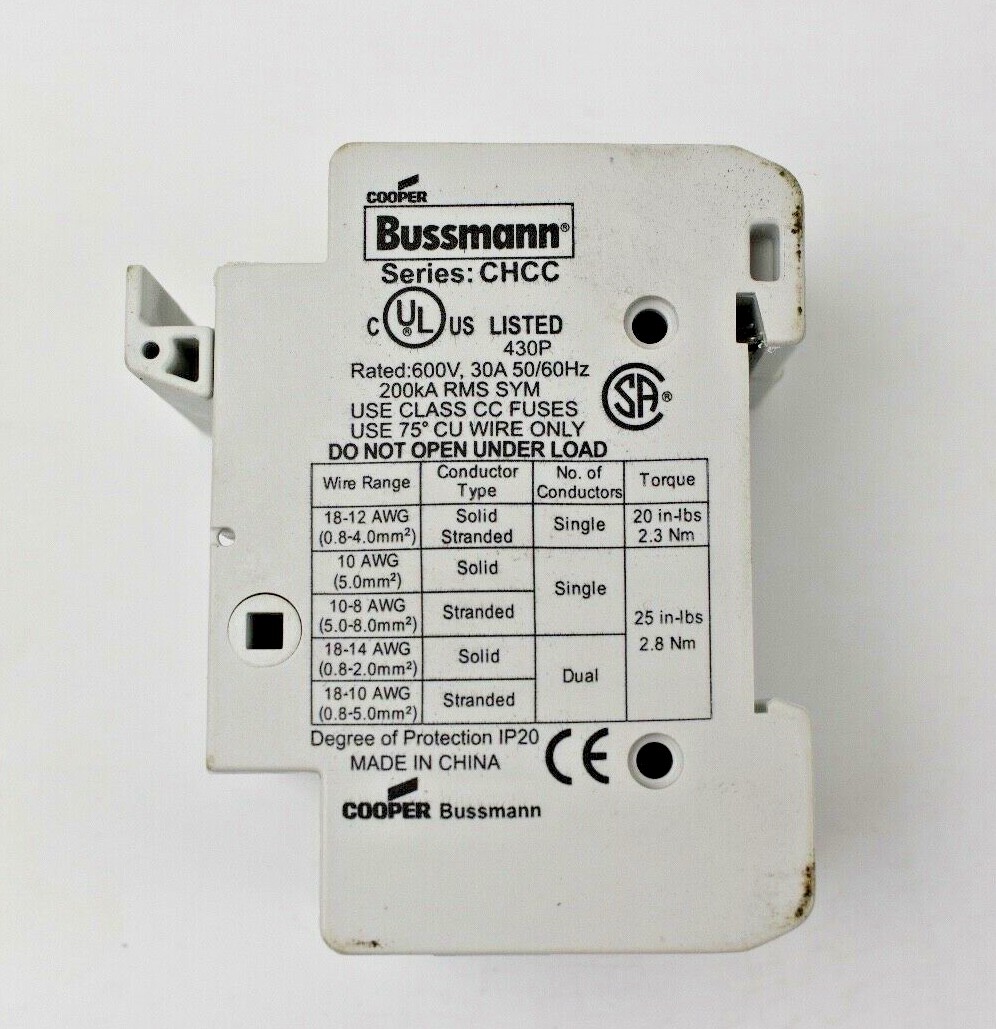 EMT / Cooper Bussmann, Class CC, Series CHCC, Fuse Holder, 600V, 30A ...
