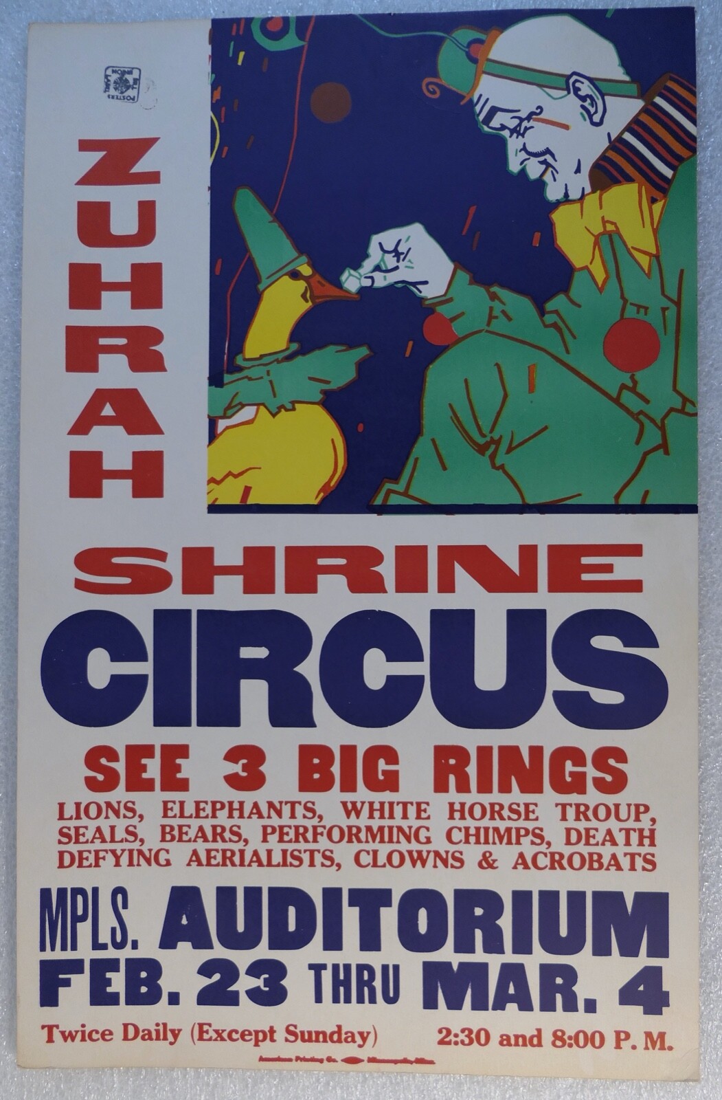ZUHRAH SHRINE CIRCUS POSTER MINNEAPOLIS AUDITORIUM 1960'S SCHOOL ...