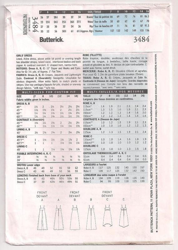 Girls Wedding Dress Size Choice 7-10 or 12-16 Sewing Pattern Butterick ...