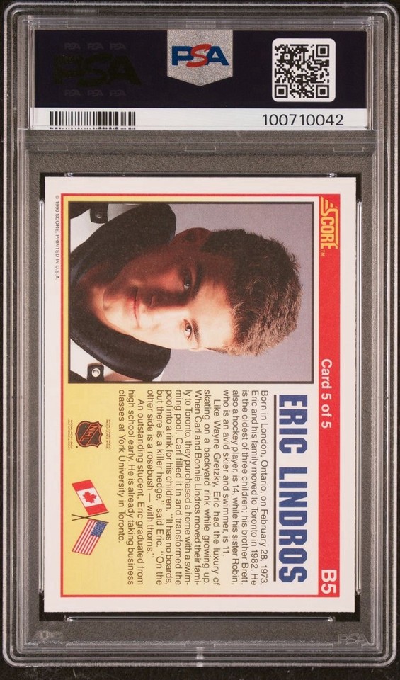 Eric Lindros rookie 1990 Score #B5 Bonus Card PSA 10 GEM MINT HOF ...