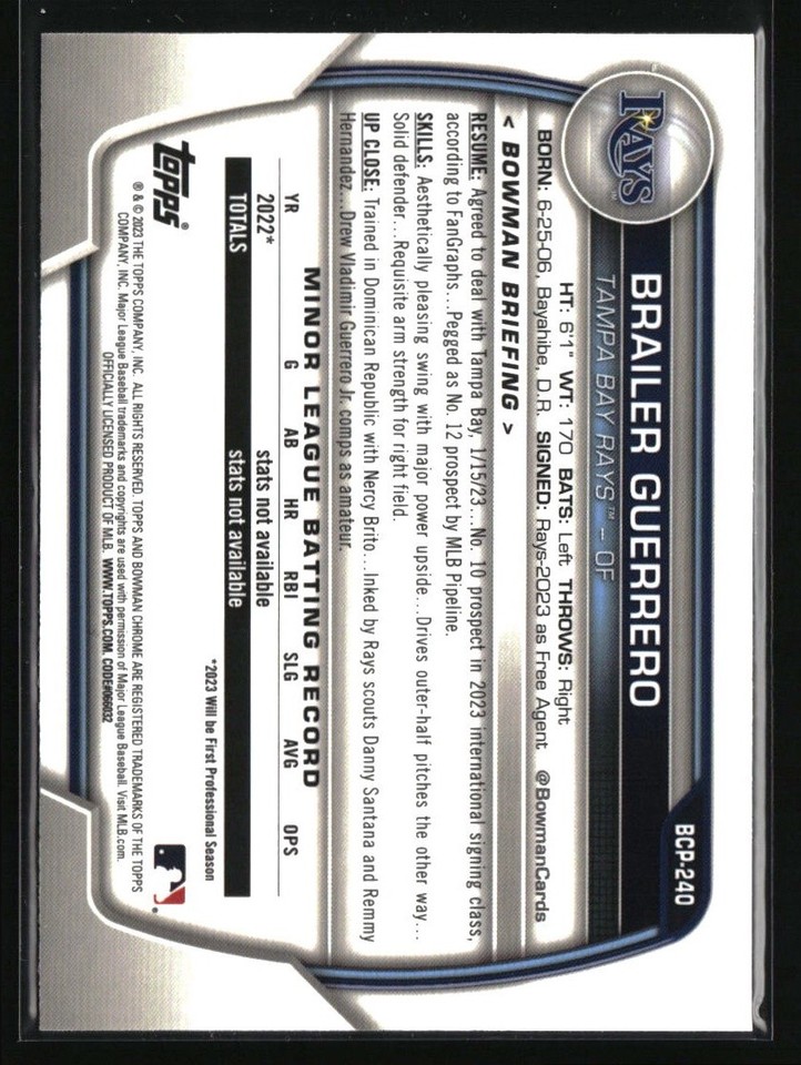 2023 Bowman Chrome Prospects Mojo Refractor Brailer Guerrero #BCP-240 ...