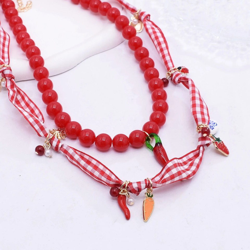 Red Beaded Pendant Necklace Women Carrot Chili Strawberry Double Layer Jewelry | eBay