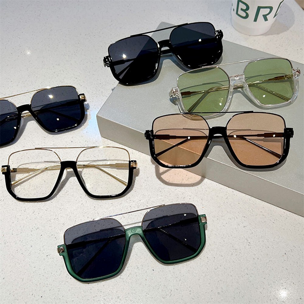 Men Women Vintage Oversized Sunglasses Fashion Square Half Metal Frame ...