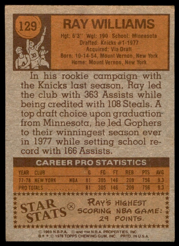 1978-79 Topps Basketball Card Ray Williams B New York Knicks #129 | eBay