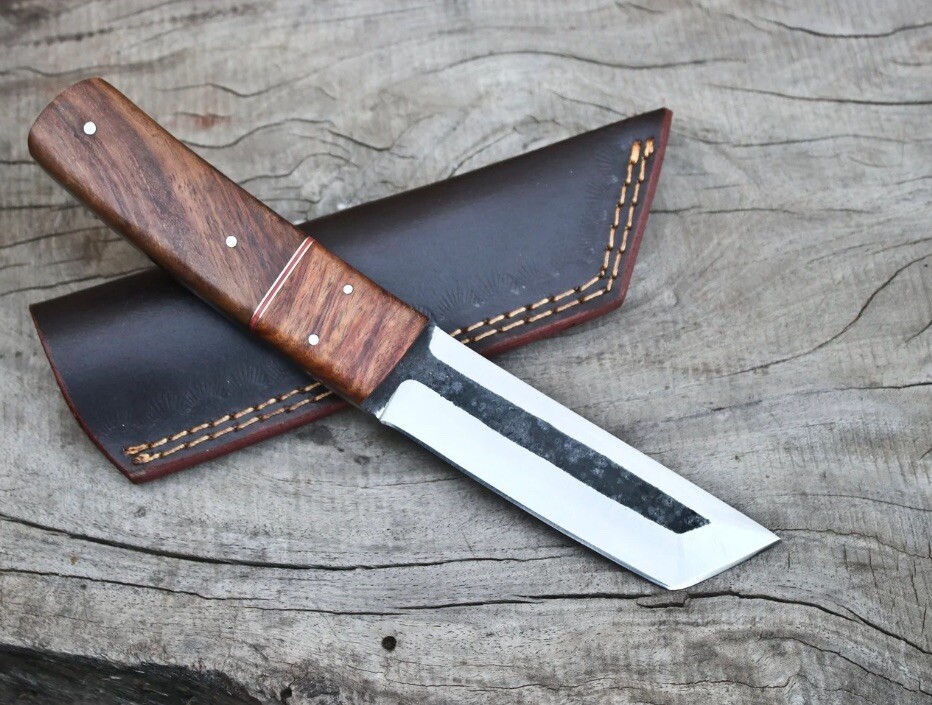 Handmade Carbon Steel Fixed Tanto Blade Knife Wood Handle With Leather ...