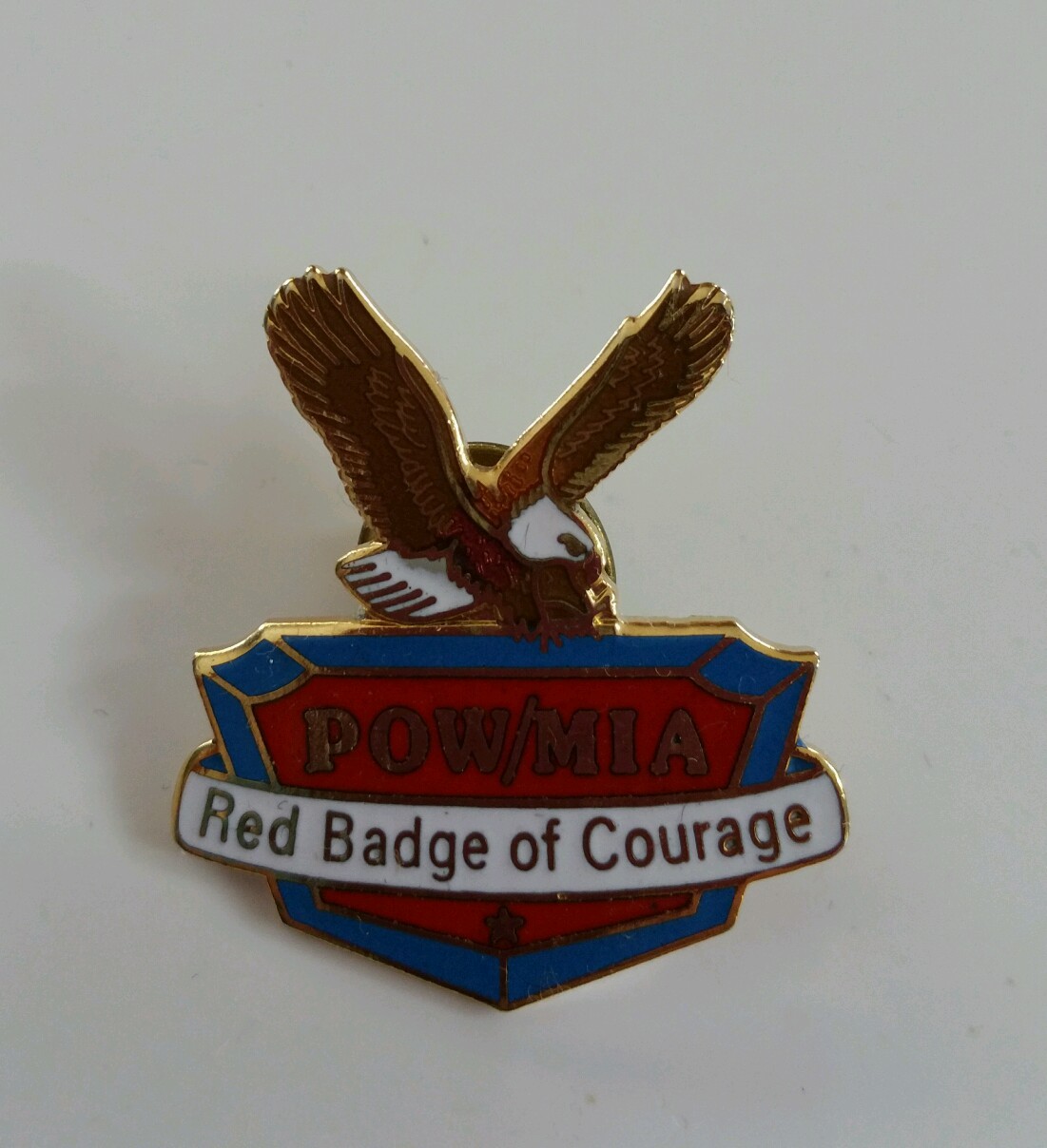 POW MIA Pin Goldtone Enamel Red Badge of Courage Red White Blue Eagle ...