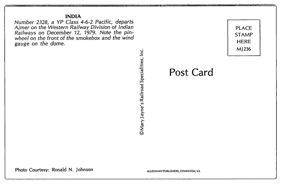 India Locomotive Number 2328 A YP Class 4-6-2 Pacific VTG Postcard ...