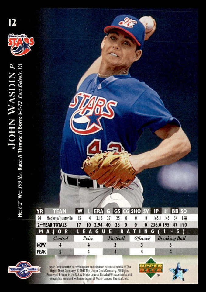 1995 Upper Deck Minor League #12 John Wasdin Huntsville Stars Baseball ...