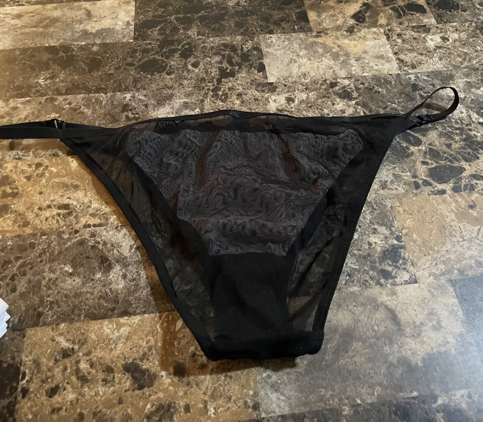 VINTAGE BLACK SHEER STRING BIKINI PANTY! XL - Gem