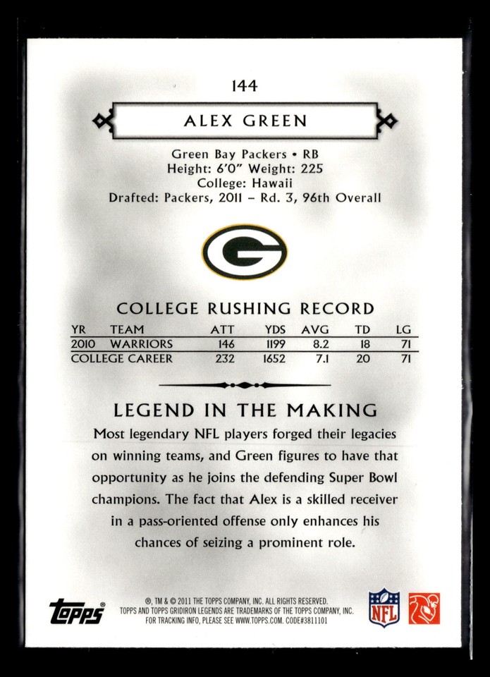 2011 Topps Gridiron Legend Rookie #144 Alex Green Green Bay Packers | eBay