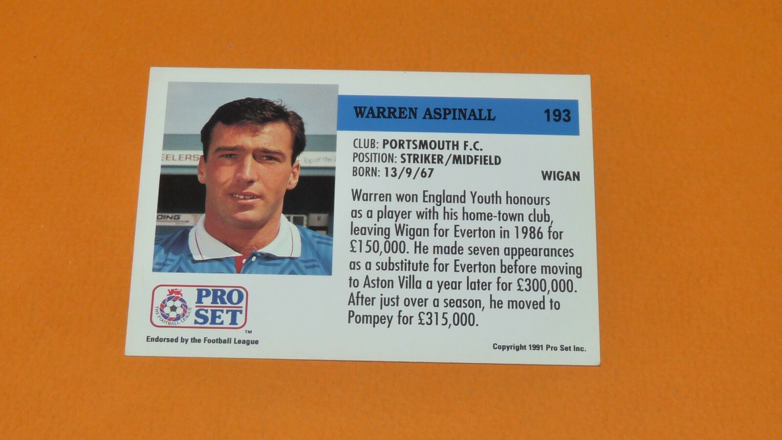 WARREN ASPINALL PORTSMOUTH POMPEY FOOTBALL CARD PRO SET 1 DIVISION 1991 ...