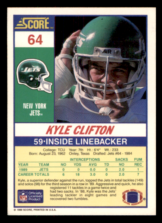 1990 Score Kyle Clifton #64 New York Jets | eBay